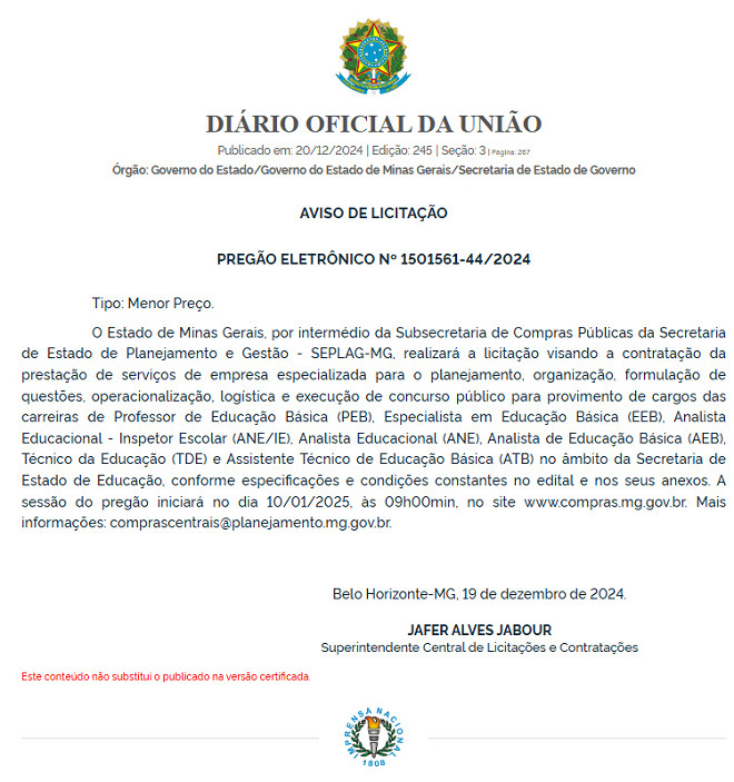 Concurso SEE MG inicia processo de escolha da banca para seleção de 13. ...