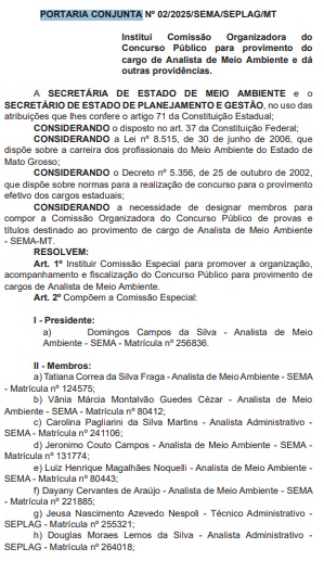 Concurso SEMA MT 2026: comissão formada para salários de até R$ 9,9 mil