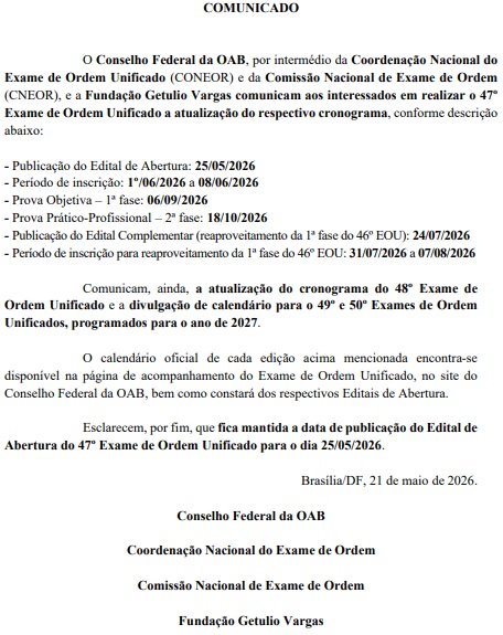 Edital OAB 47 sai pela FGV nesta segunda e abre inscrições dia 1º de junho
